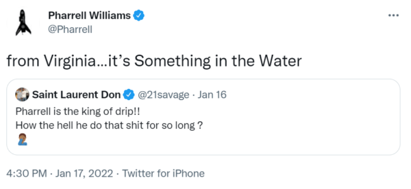 Pharrell Responds to Being Called “King of Drip” by 21 Savage – aGOODoutfit